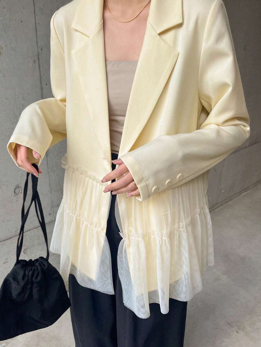 FRIFUL Women Loose Apricot Color Blazer Jacket, Commuter Style Office ...