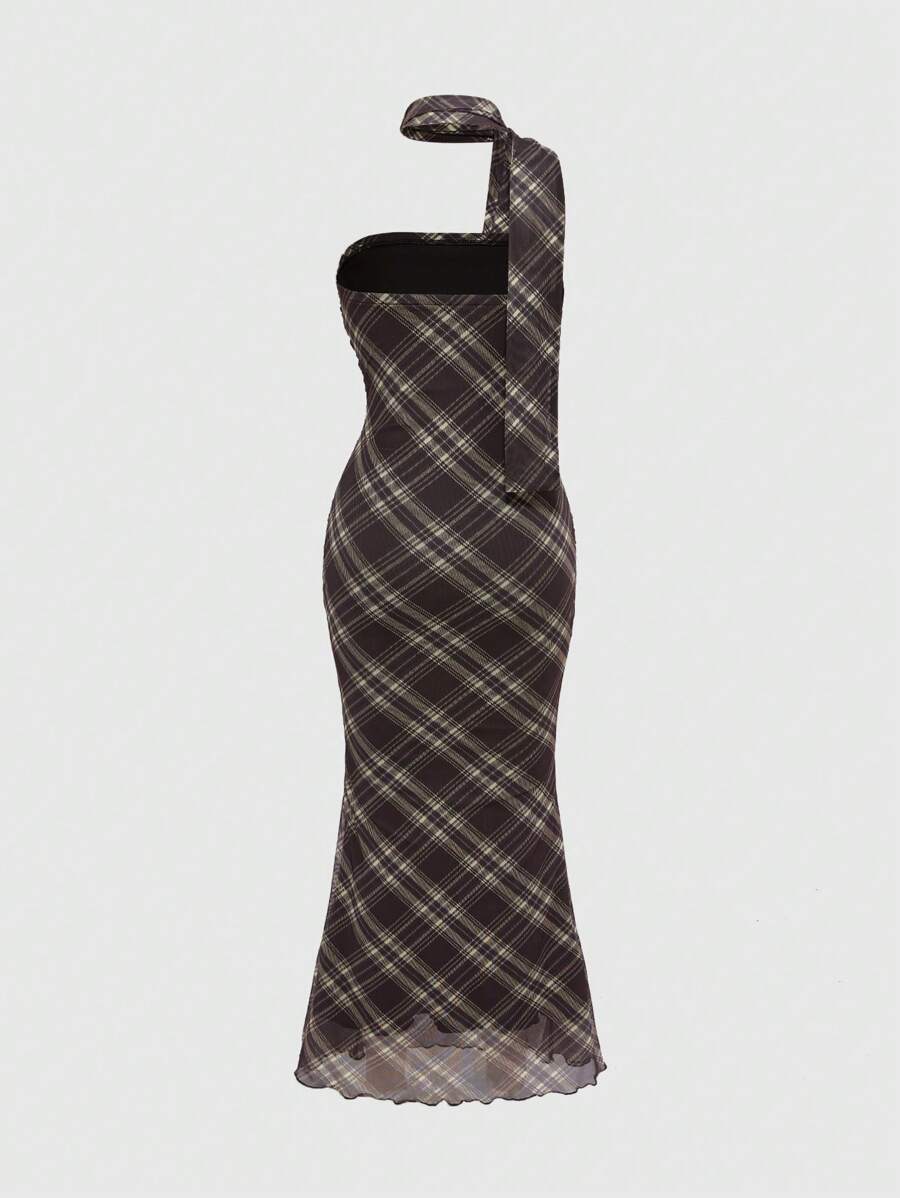 ROMWE Retro Y2K Plaid Scarf Accessory & Plaid Fish Tail Maxi Dress for ...