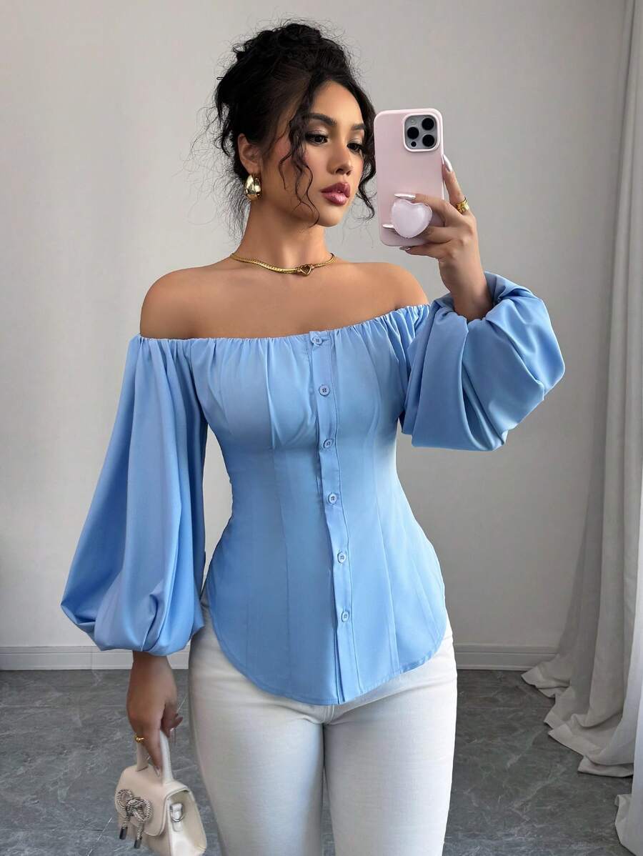 Elenzga Off-Shoulder Puff Sleeve Cinched Waist Shirt | SHEIN USA