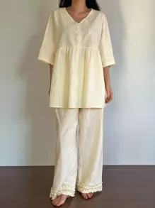 DAZY Conjunto de pijama de mujer con cuello en V y volantes en un ...