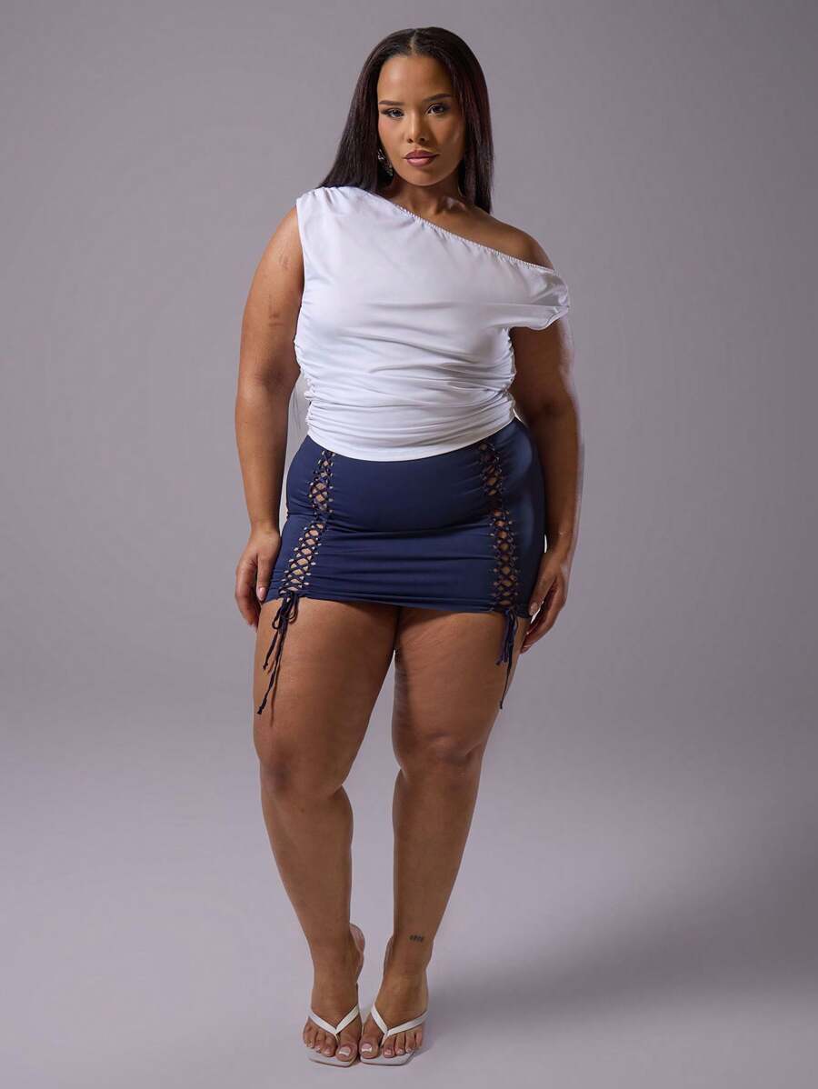 MUSERA Plus Size Slinky Double Lace Up Low Rise Mini Skirt For Date ...