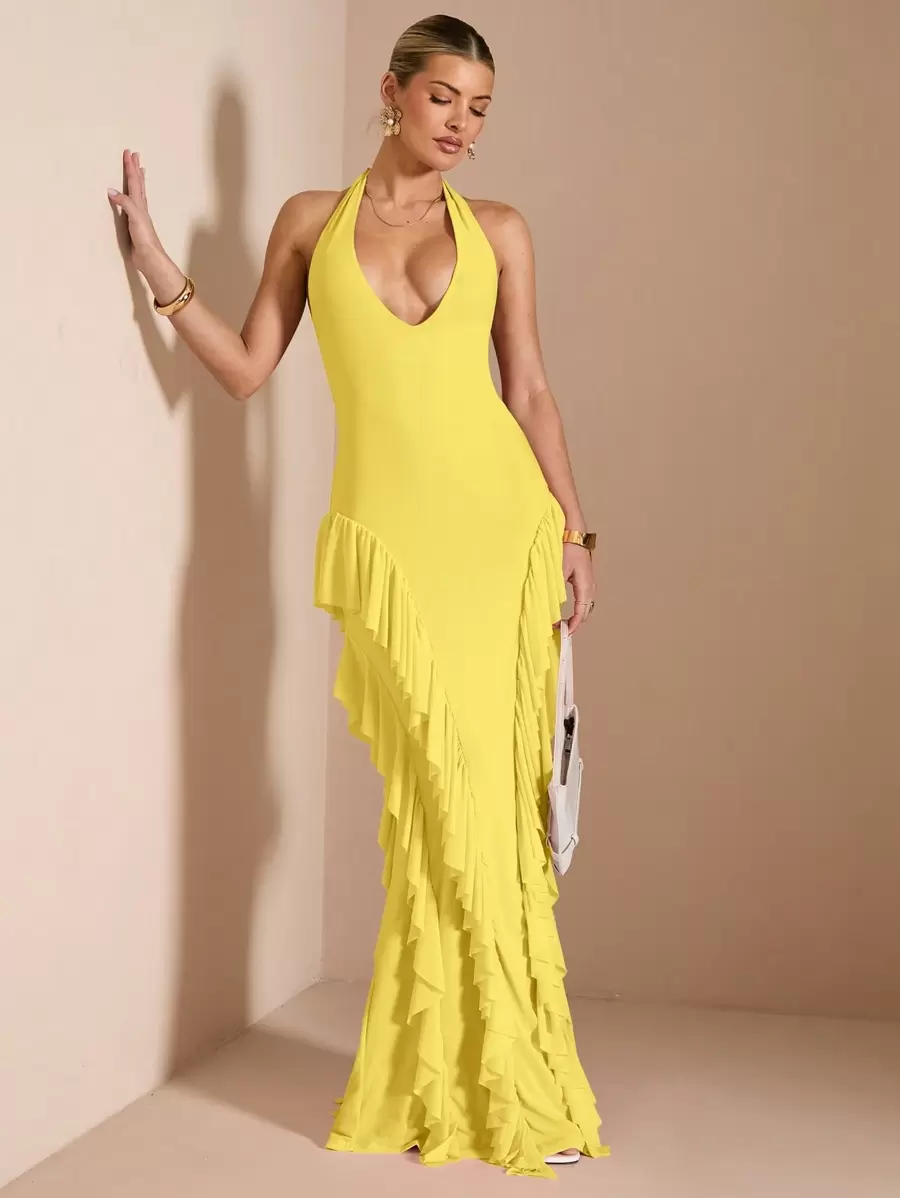 SHEIN BAE Elegant Women Layered Ruffle Hem Extra Long Dress, Suitable ...