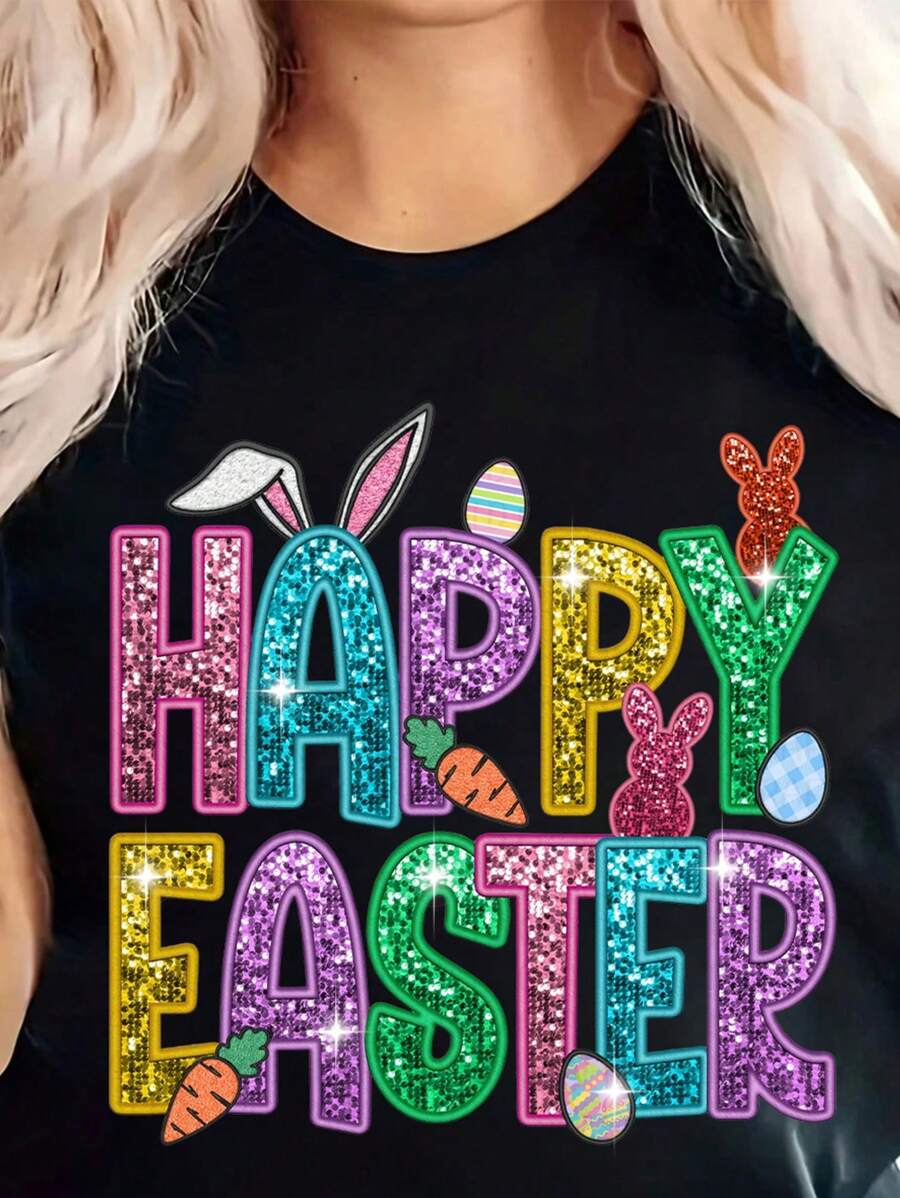 SHEIN LUNE Easter Shiny Letter Print Women Plus Size Casual Fashion ...