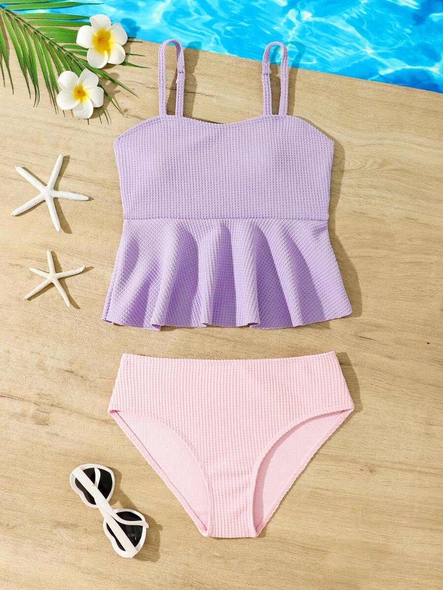 Tween Girls' Solid Color Ruffle Spaghetti Strap Tankini/Ruffle Edge ...