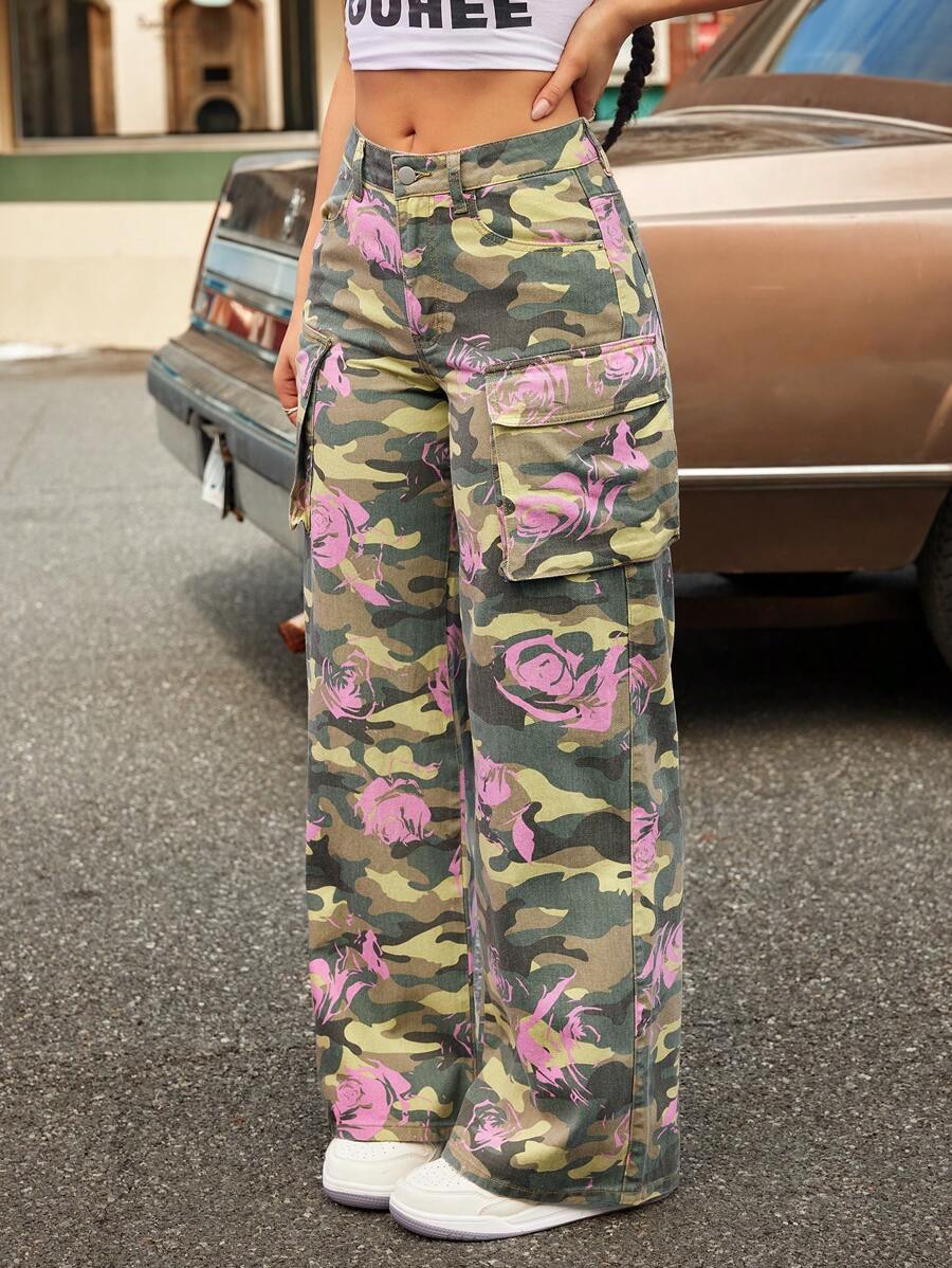SHEIN ICON Street Style Low-Rise Camouflage Cargo Wide Leg Jeans For ...