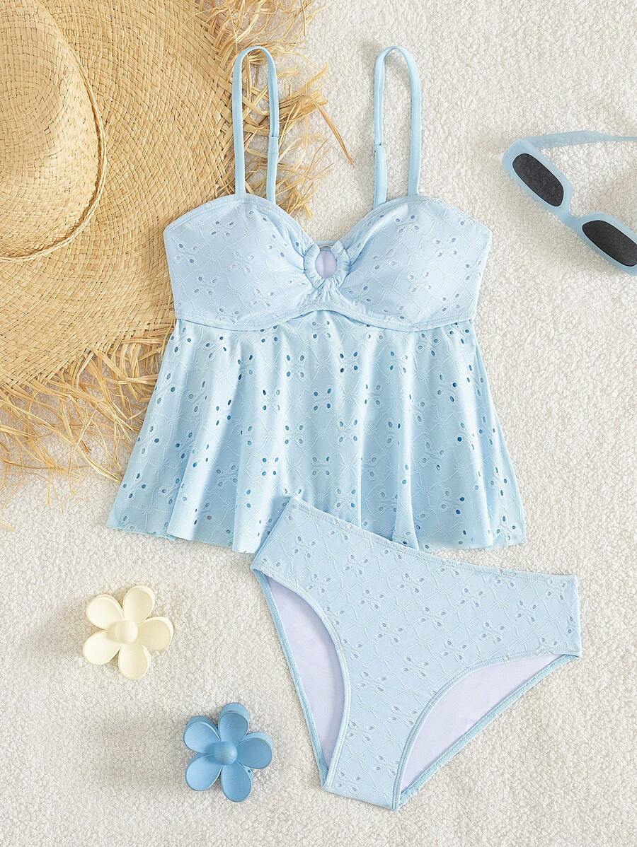 SHEIN Tween Girls Solid Color Hollow Ruffled Tankini Set | SHEIN USA