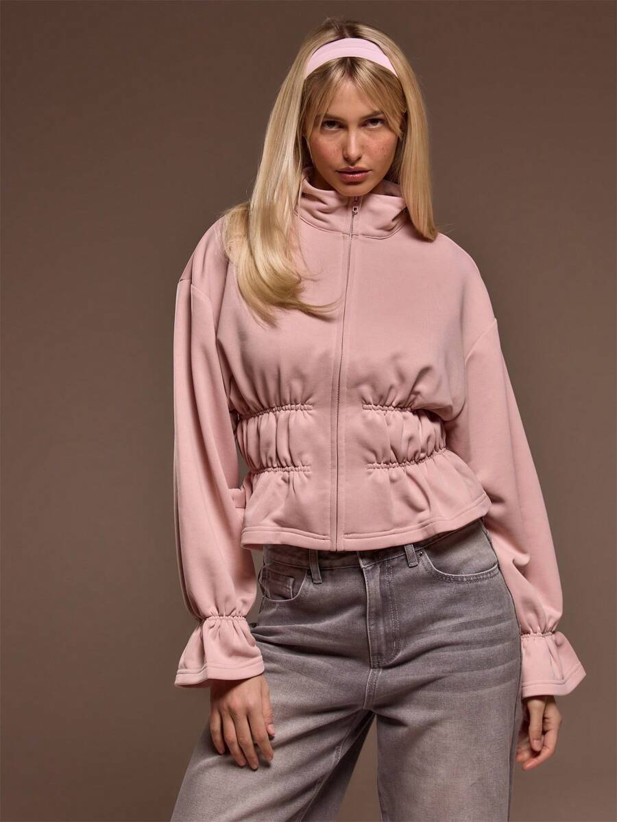 MUSERA High Neck Ruched Waist Zip Up Long Sleeve Jacket Spring Cute ...