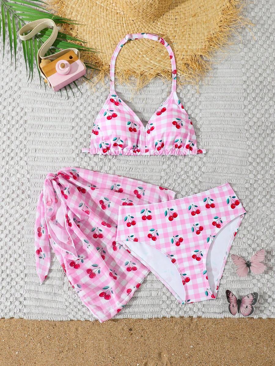 Tween Girls Floral Print Ruffled Edge Lace-Up Two-Piece Swimwear Set ...