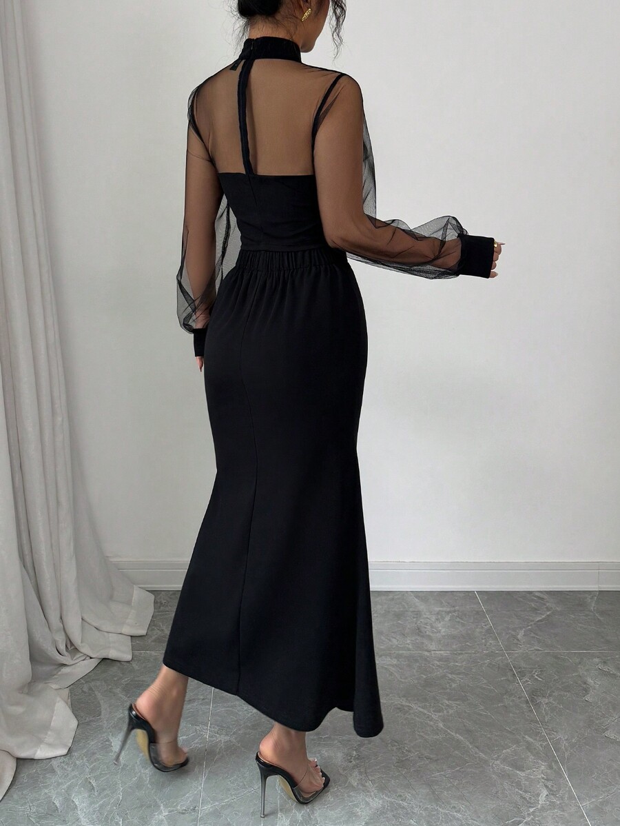 Elenzga 2pcs/Set Women Splice Stand Collar Waist Fitted Fishtail ...