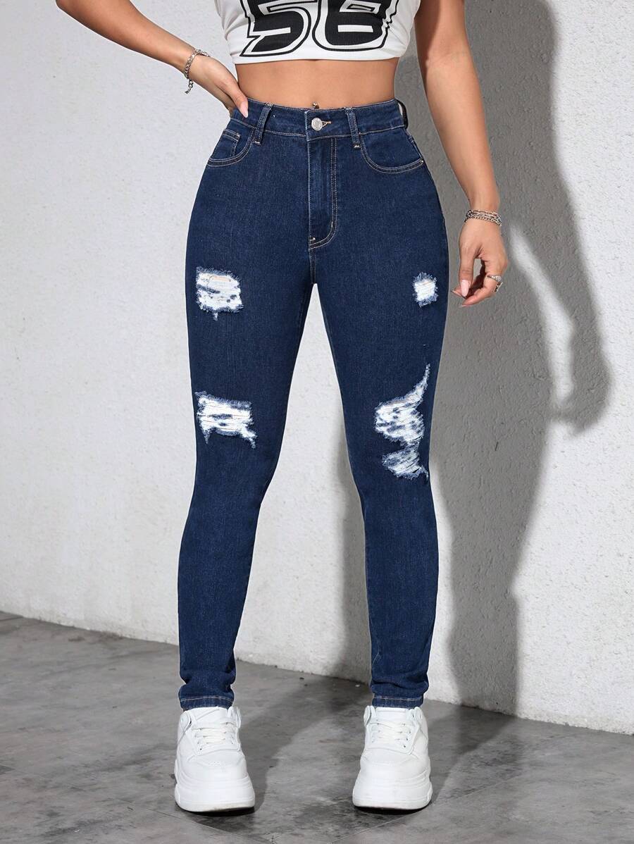 SHEIN PETITE Women's Casual Washed Ripped Skinny Denim Jeans | SHEIN USA