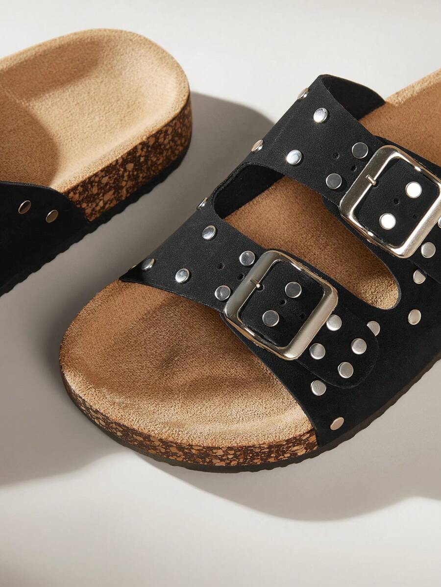 Solecia Women Rivet Decor Double Buckle Casual Flat Shoes, Versatile ...