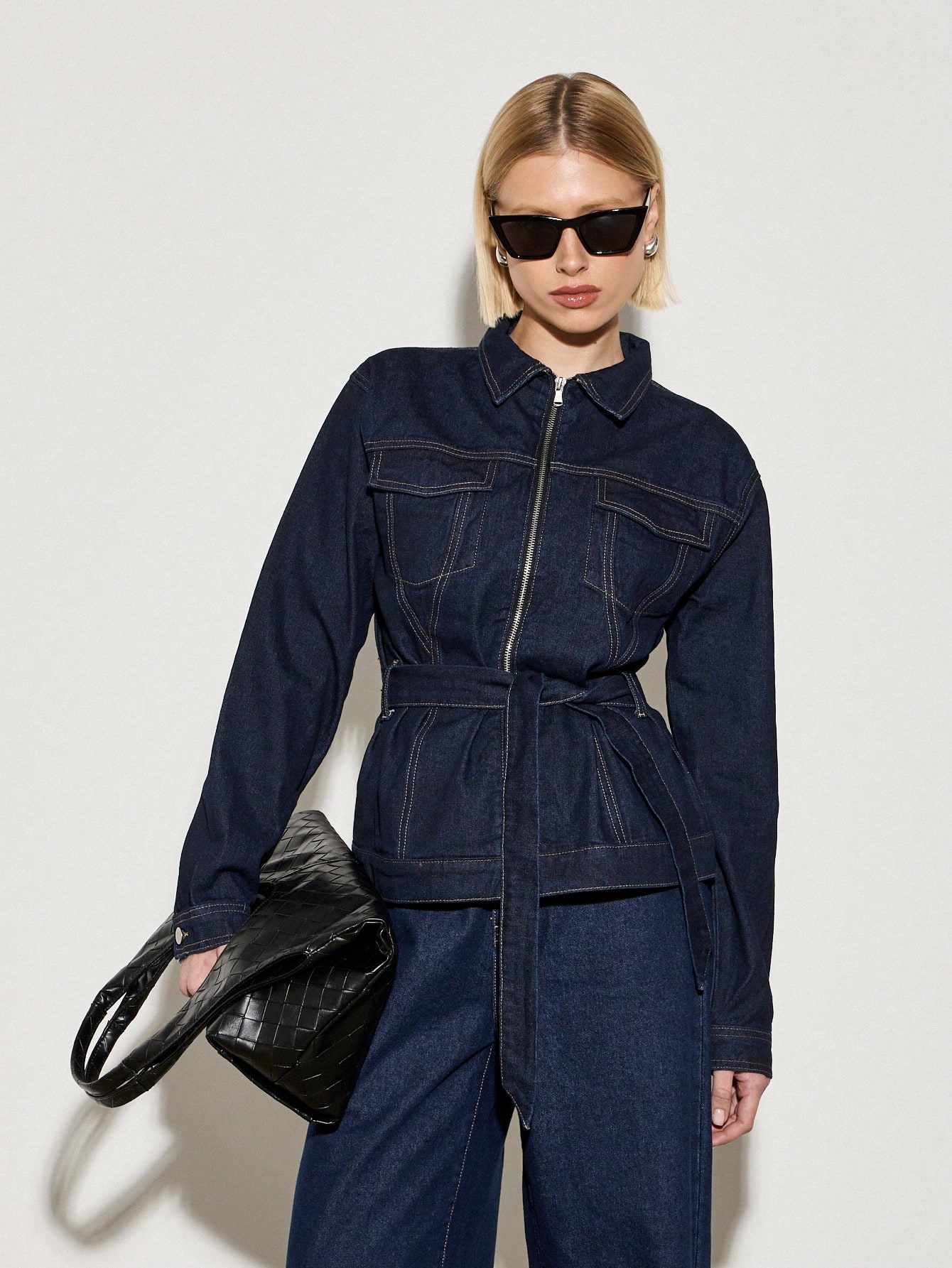 AiiRZ Premium Indigo Utility Denim Jacket With Belt Zip Front Closure ...