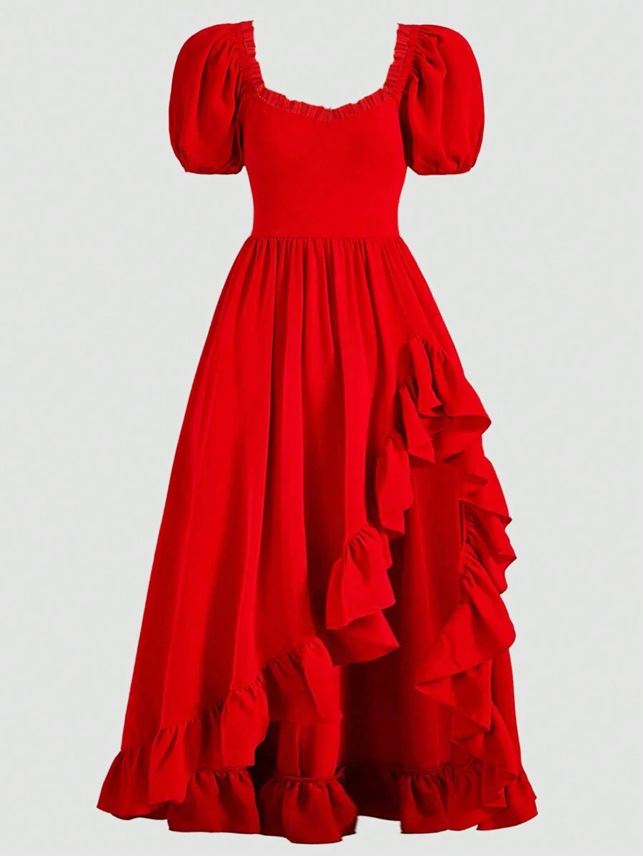SHEIN Tween Girls Summer Short Sleeve Asymmetrical Long Red Dress, Red ...