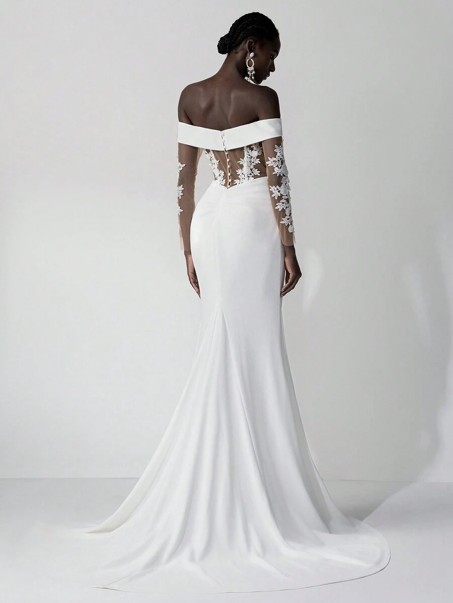 SHEIN Belle White Spring Elegant Wedding Dress, Luxurious Off Shoulder ...