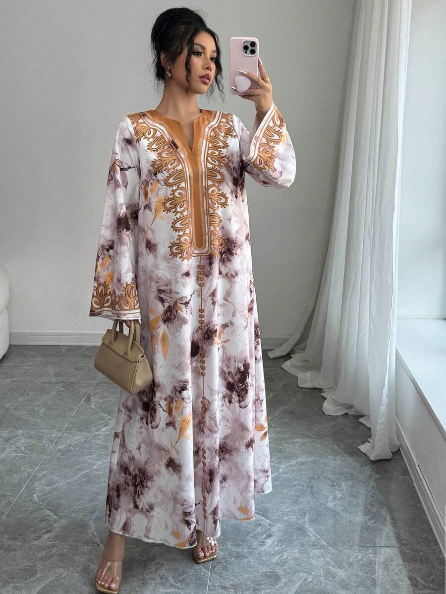 SHEIN Najma Vestido Árabe de Manga Longa Estilo Jacquard Solto Feminino ...