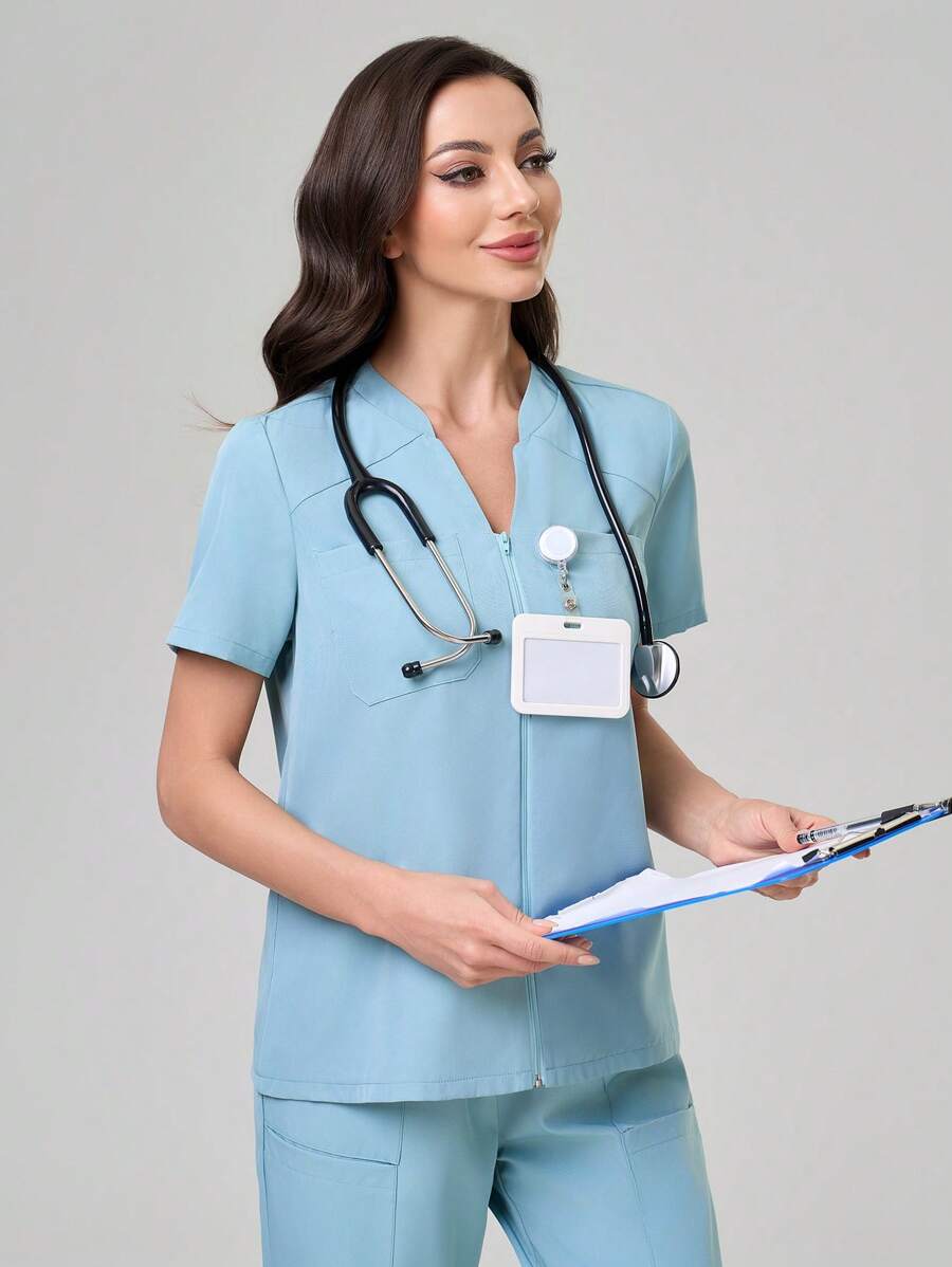 SHEIN TaskFit Solid Color Zipper Front Scrub Top And Pants Uniform Set ...