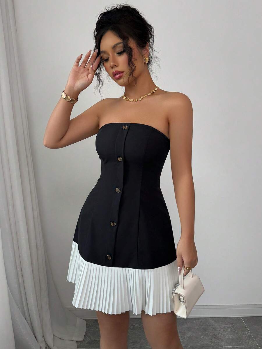 Elenzga Short Wrap-Around Chest Dress With Pleated Hem In Black & White Color Block | SHEIN USA