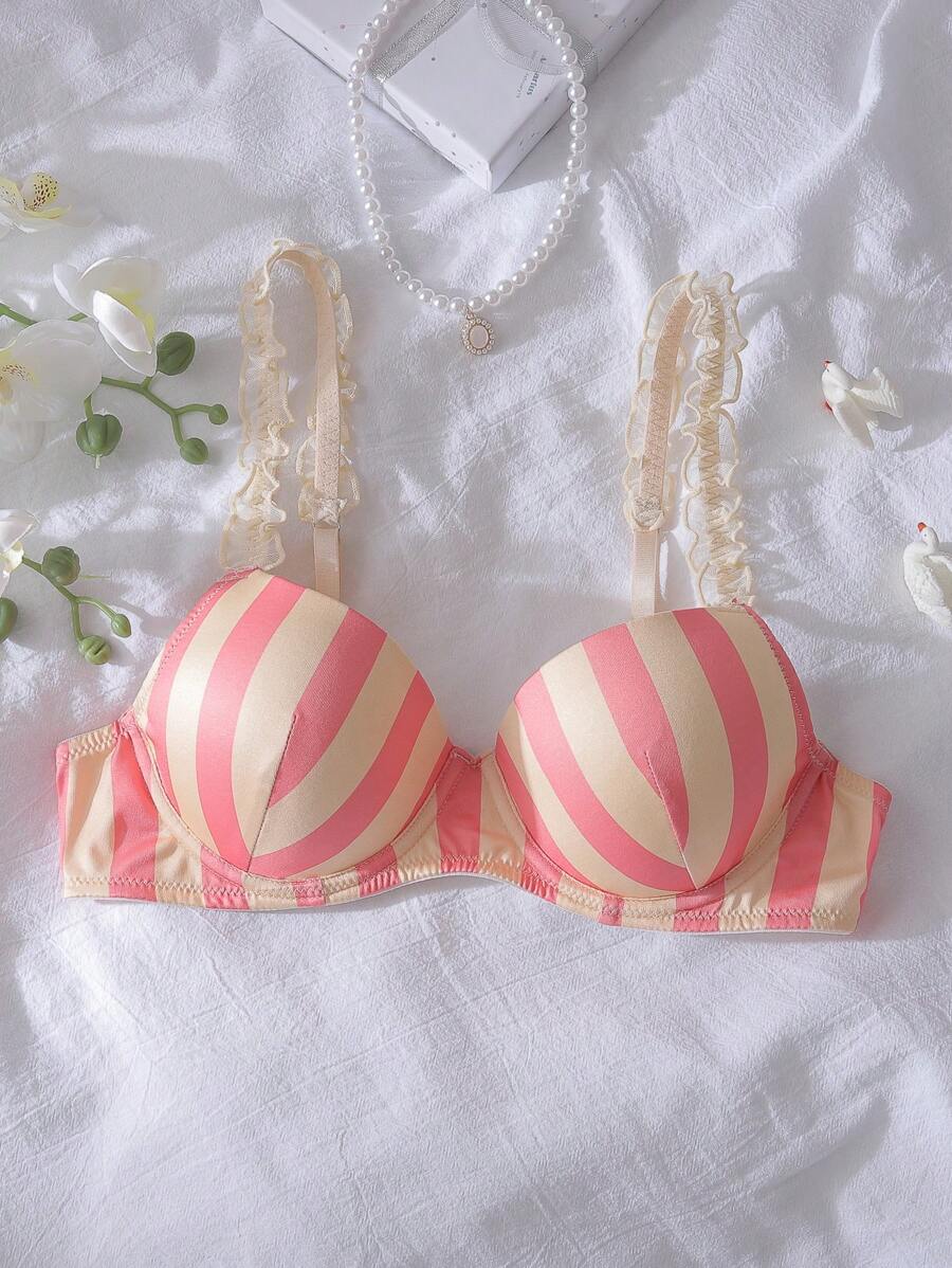 Women Striped Patchwork Molded Cup Underwire Lace Trim Cute Lingerie ...
