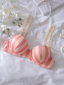 Women Striped Patchwork Molded Cup Underwire Lace Trim Cute Lingerie ...