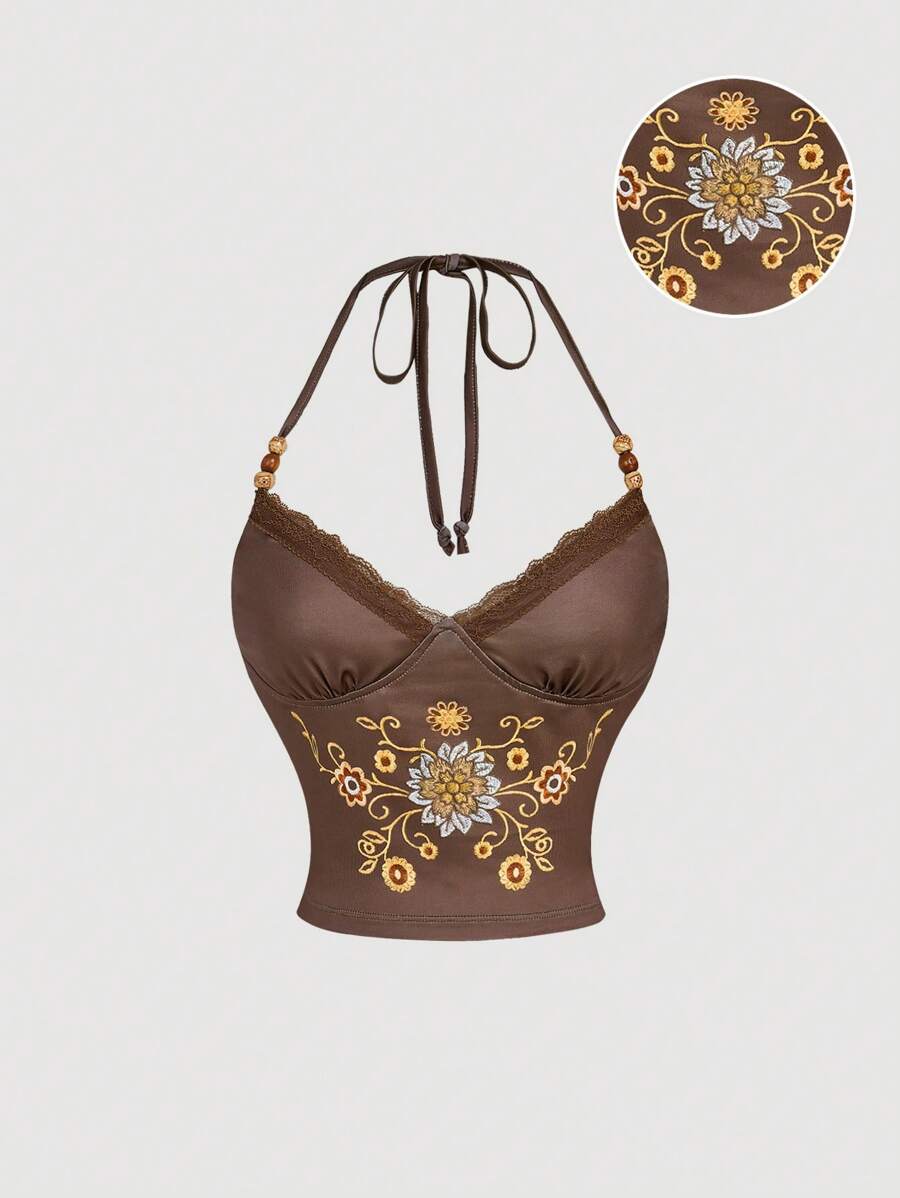 SHEIN MOD Halter Neck Brown Retro Nomadic Tank Top, Bohemian Tank Top ...