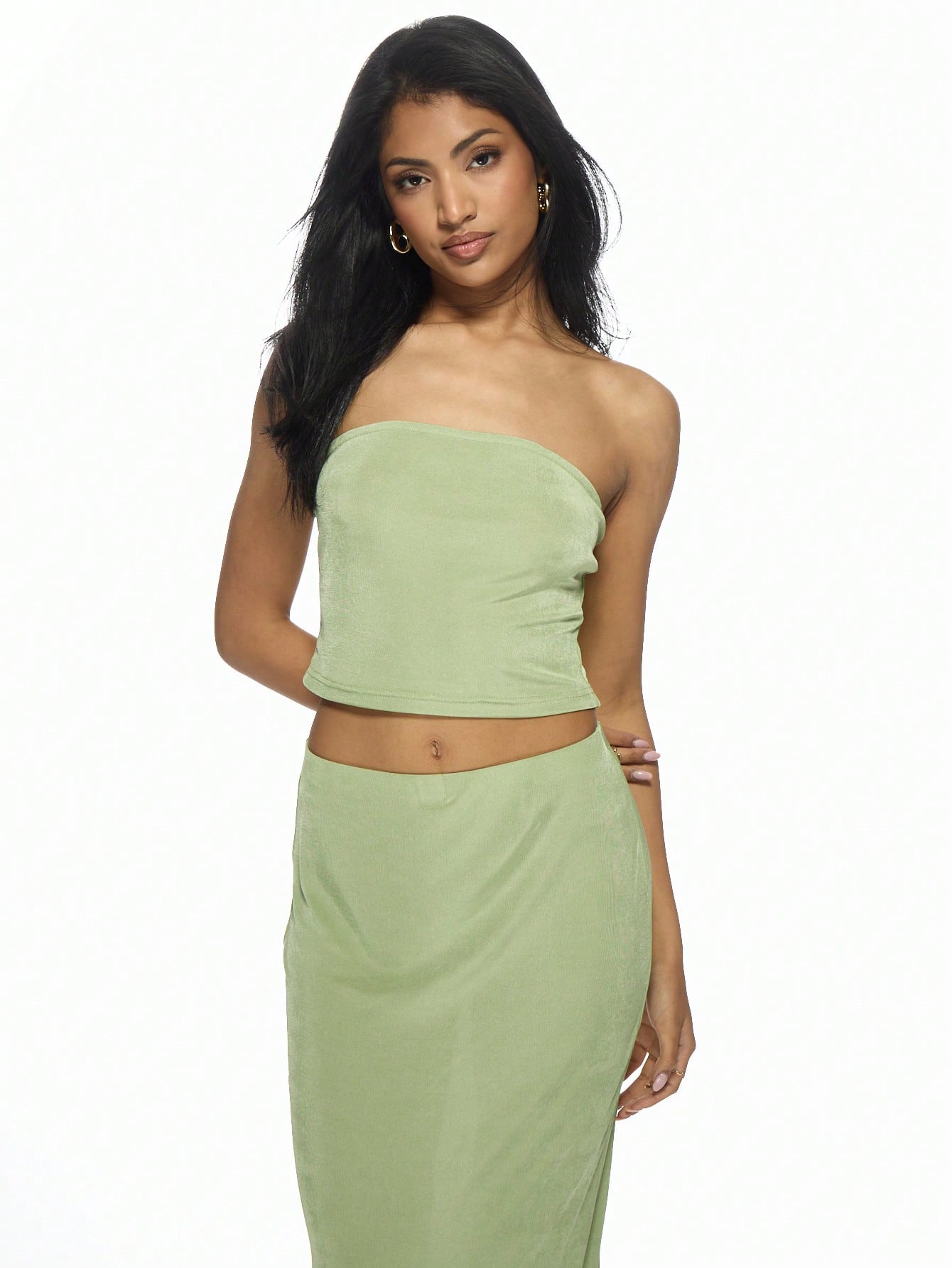 MISSGUIDED Two-Piece Sage Green Strapless Bandeau Top And Maxi Skirt ...