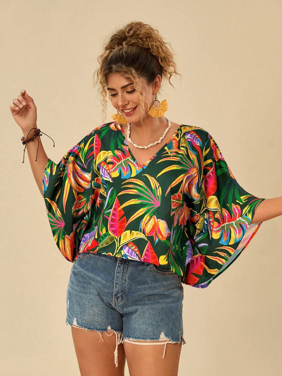 Travachic Plus Size Boho V-Neck Tropical Print Batwing Sleeve Loose ...