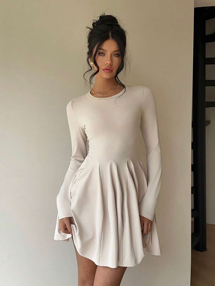 Aloruh Women Simple Plain Round Neck Long Sleeve Short Dress, Casual ...