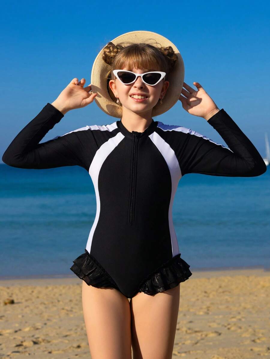 Tween Girl' Solid Color Spliced Zipper Front Long Sleeve Slim Fit One ...