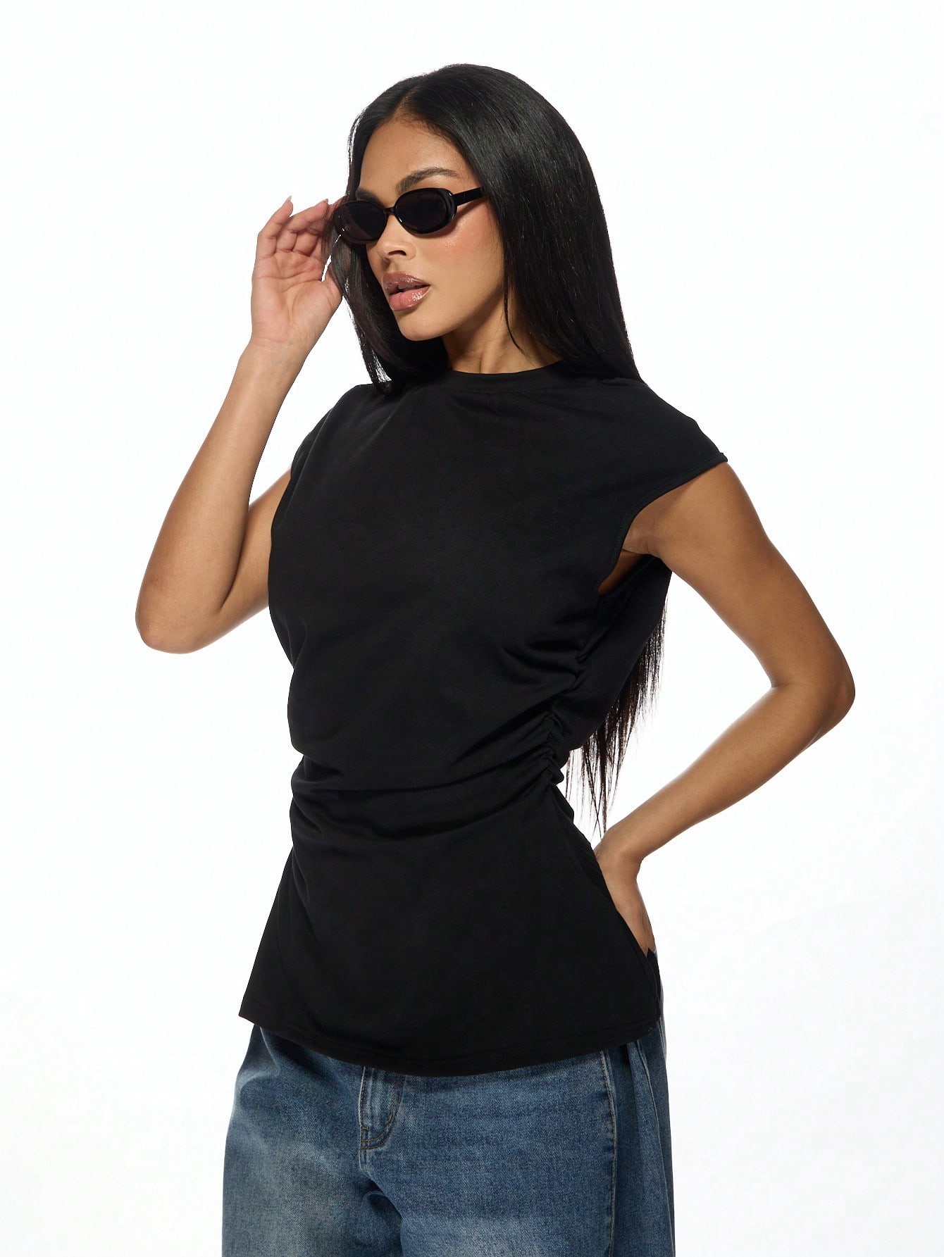 Sleeveless Fitted Top With Cinched Waist Detail Sleek High Neck Design ...