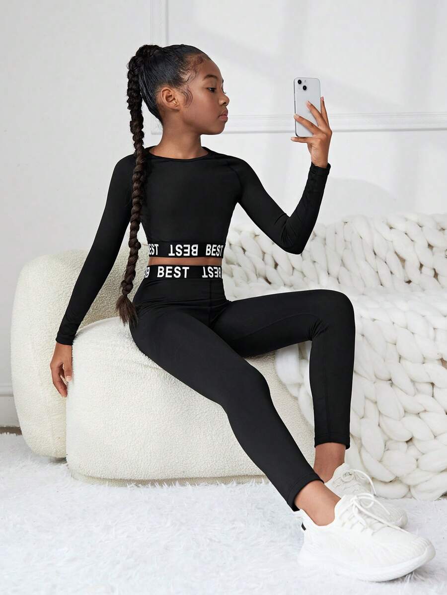 SHEIN Tween Girls Casual Knit Crew Neck Slim Fit Long Sleeve Athleisure ...