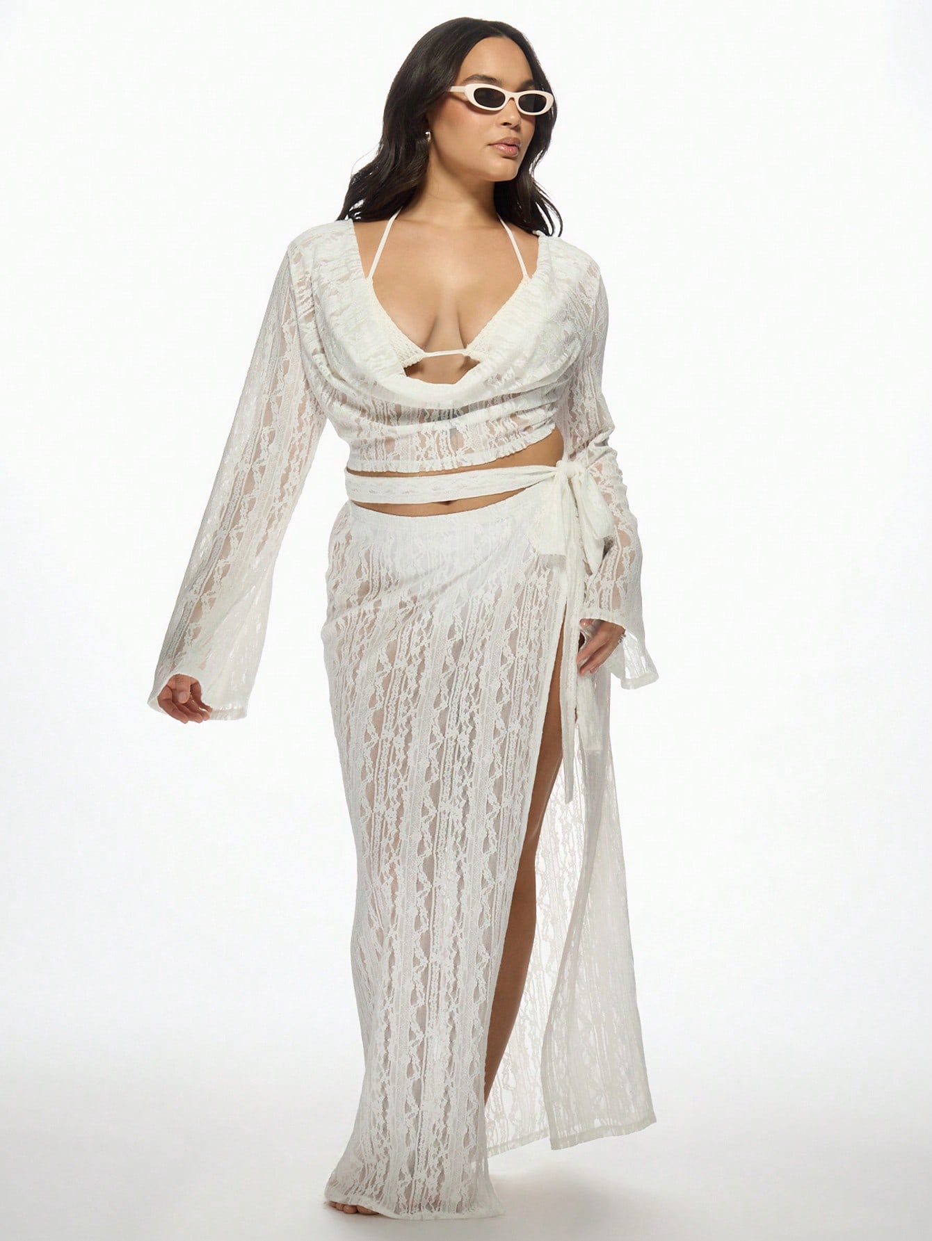 MISSGUIDED PLUS Plus Size Lace Co-Ord Set Crop Top Maxi Skirt｜MISSGUIDED