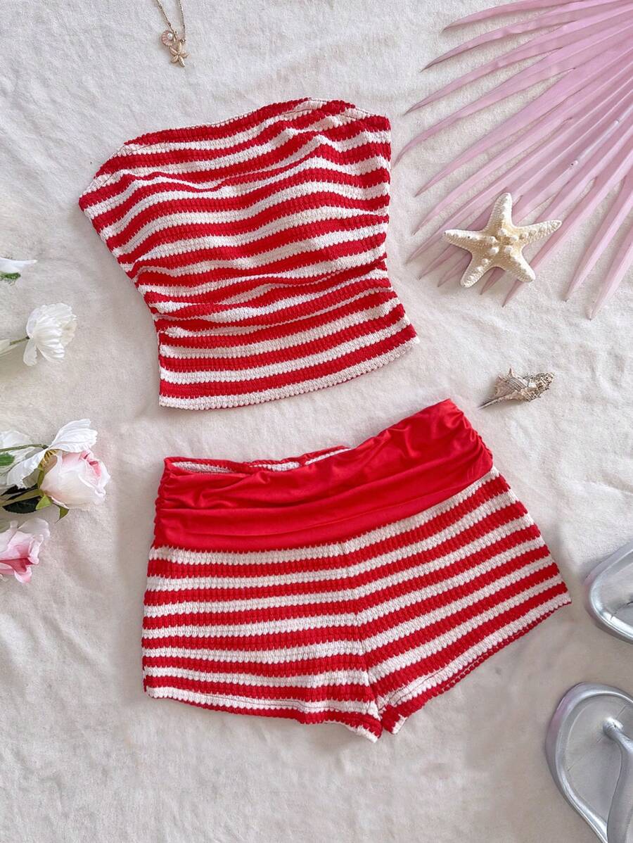 Soleia Women's 2 Pieces Set - Red & White Color Block Crocheted Ruffle ...