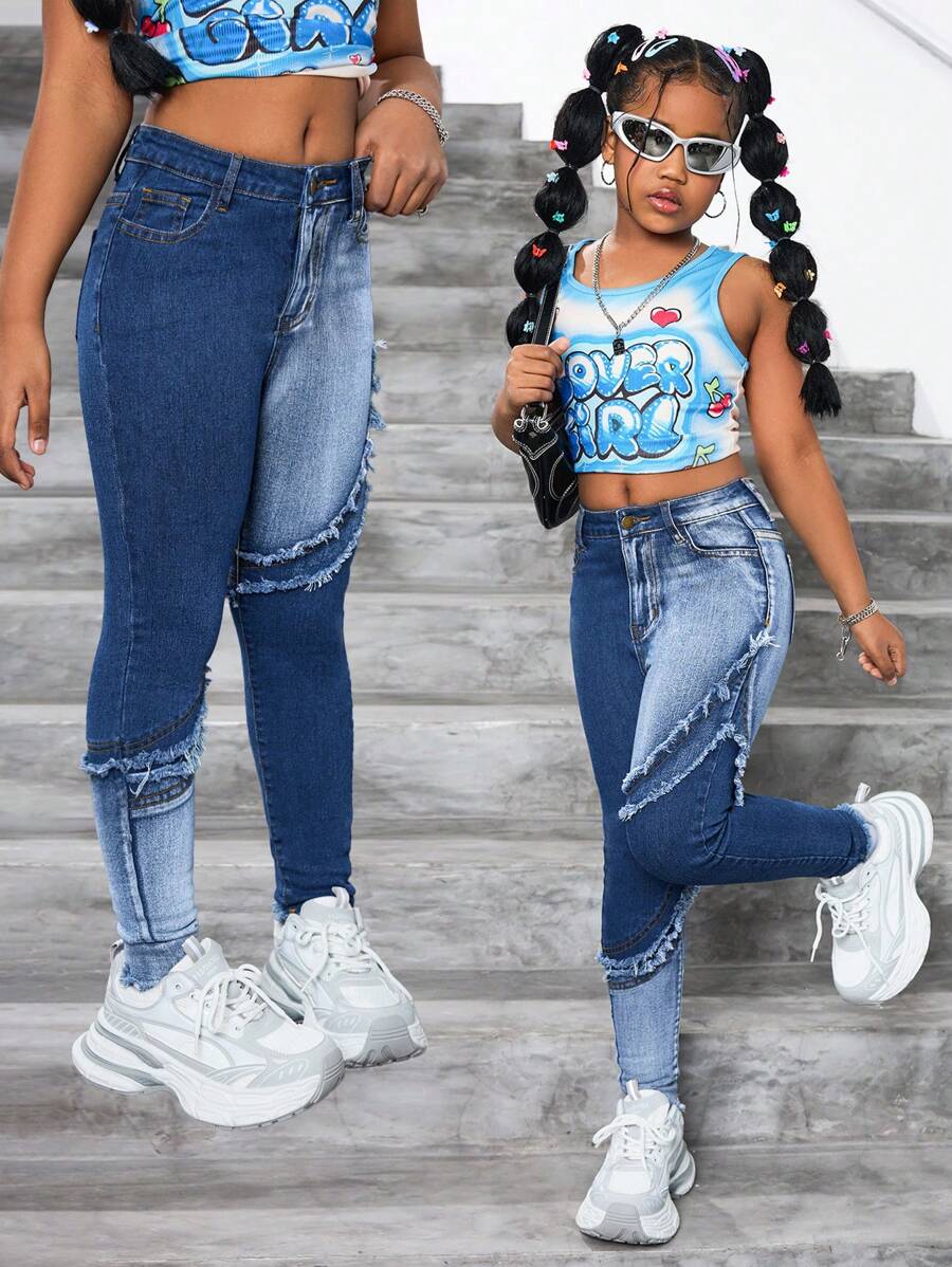 SHEIN Tween Girls Y2K Fashion Two Tone Raw Cut Patchwork Skinny Jeans ...