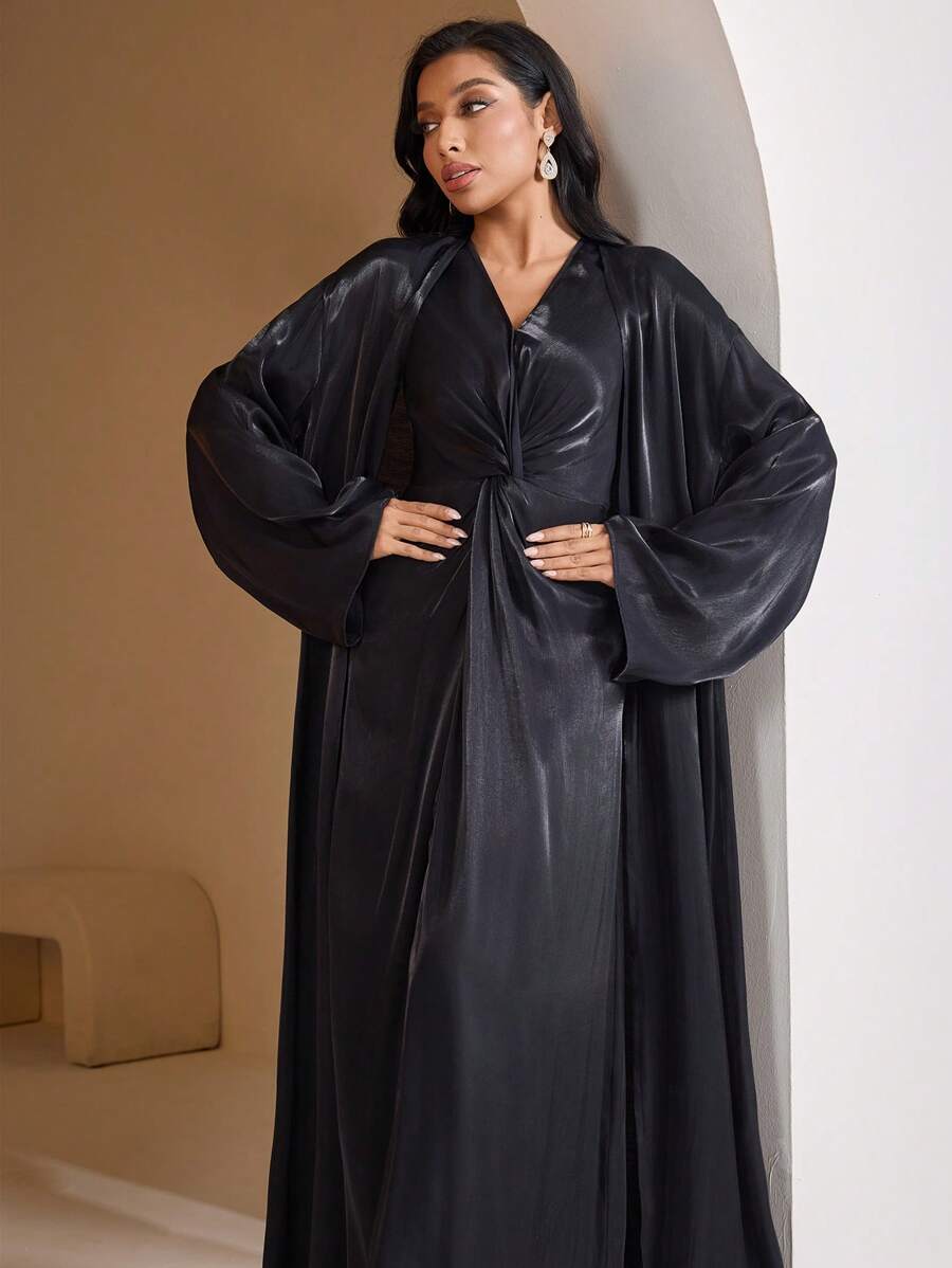 Veilorie Women Solid Color Long Sleeve Robe And Twist Waist Robe Arabic ...