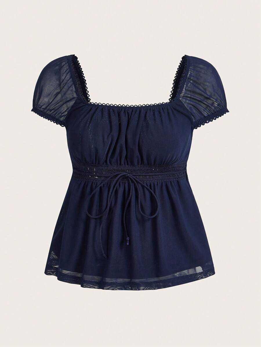 SHEIN MOD Summer Square Neck Knot Front Folds Peplum Navy Bow Rope Tee | SHEIN USA