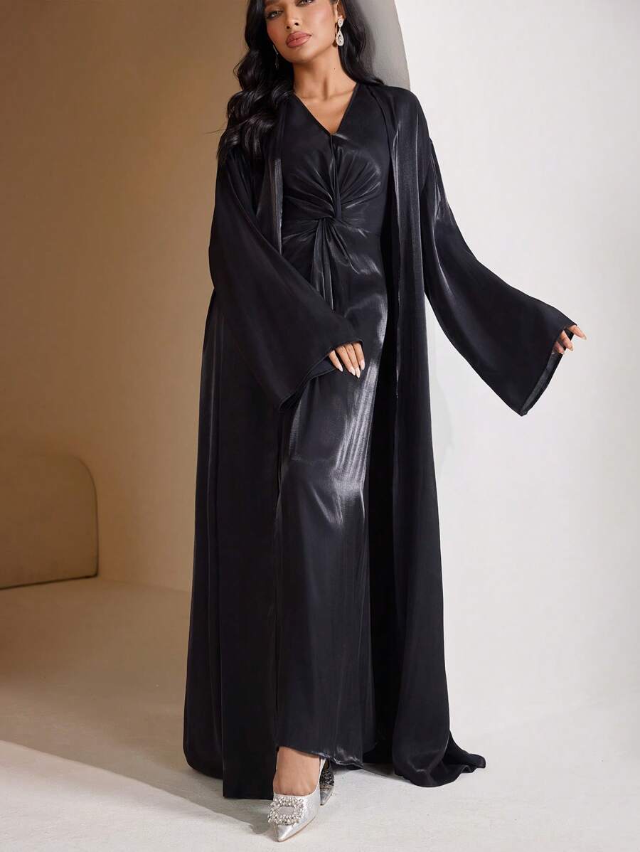 Veilorie Women Solid Color Long Sleeve Robe And Twist Waist Robe Arabic ...