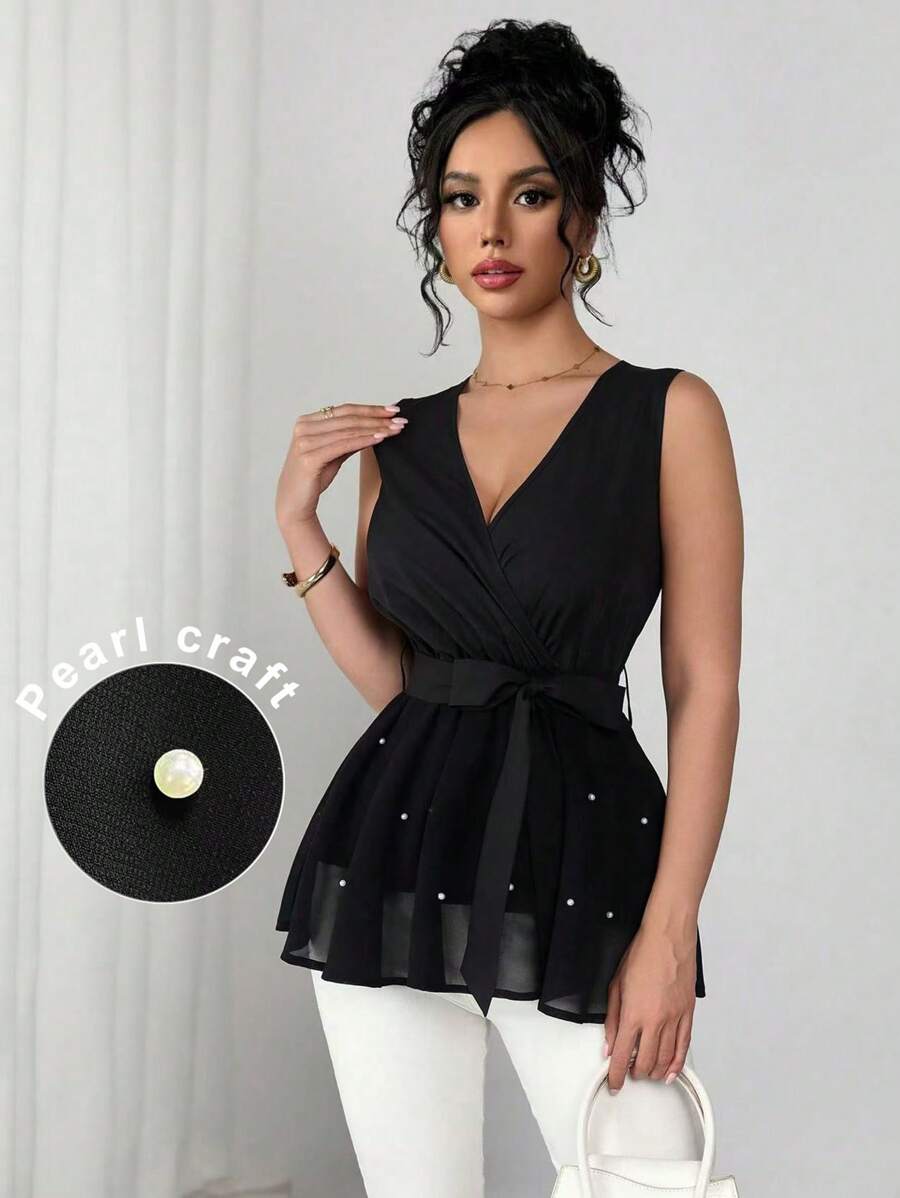 Elenzga Crossover V-Neck Sleeveless Cinched Waist French Elegant Tied Mesh Pearl Versatile Chic ...