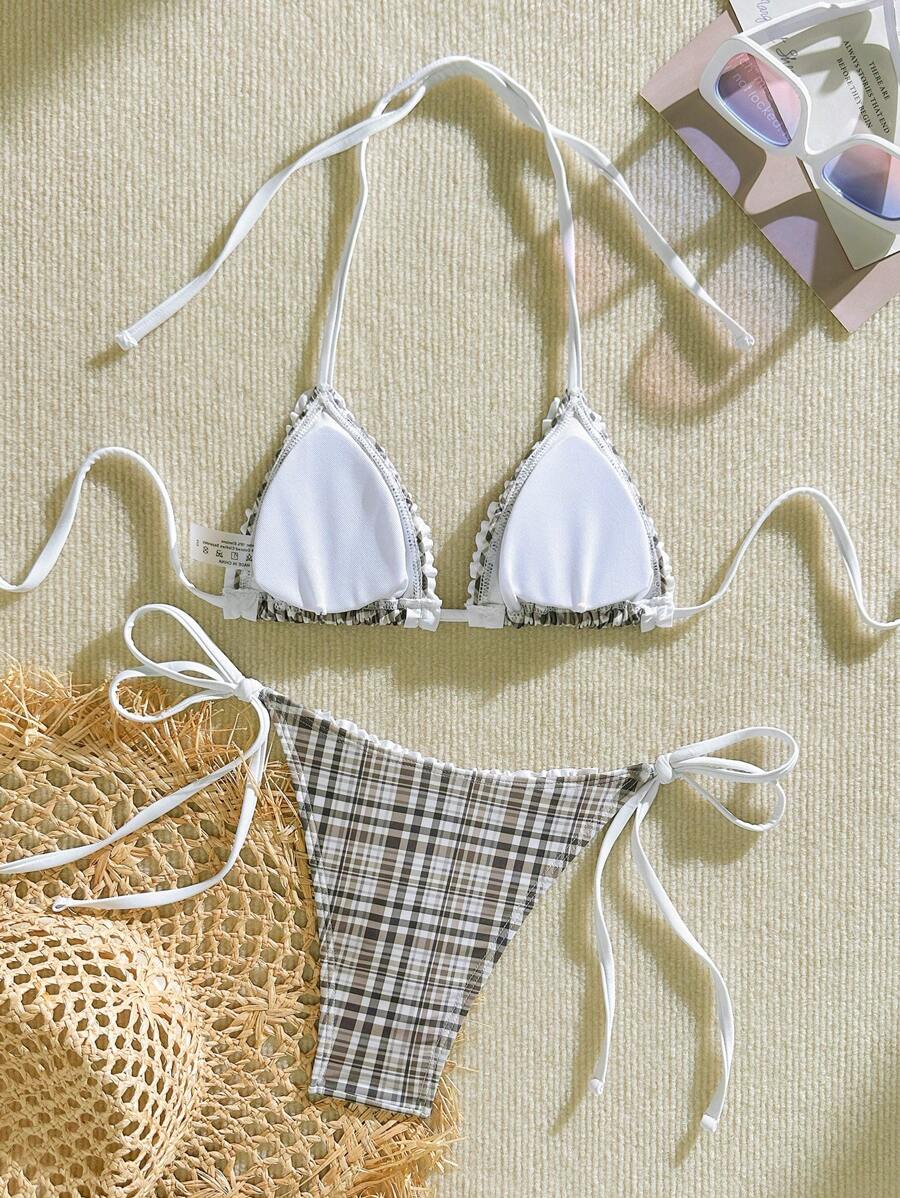 SHEIN Swim 2 Pieces Women Sexy Spaghetti Strap Plaid Micro Triangle Swimwear Top And Tie Side ...