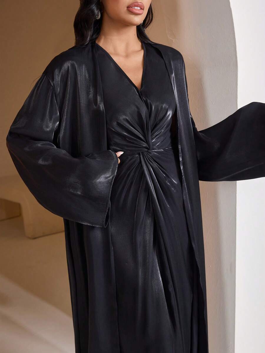 Veilorie Women Solid Color Long Sleeve Robe And Twist Waist Robe Arabic ...