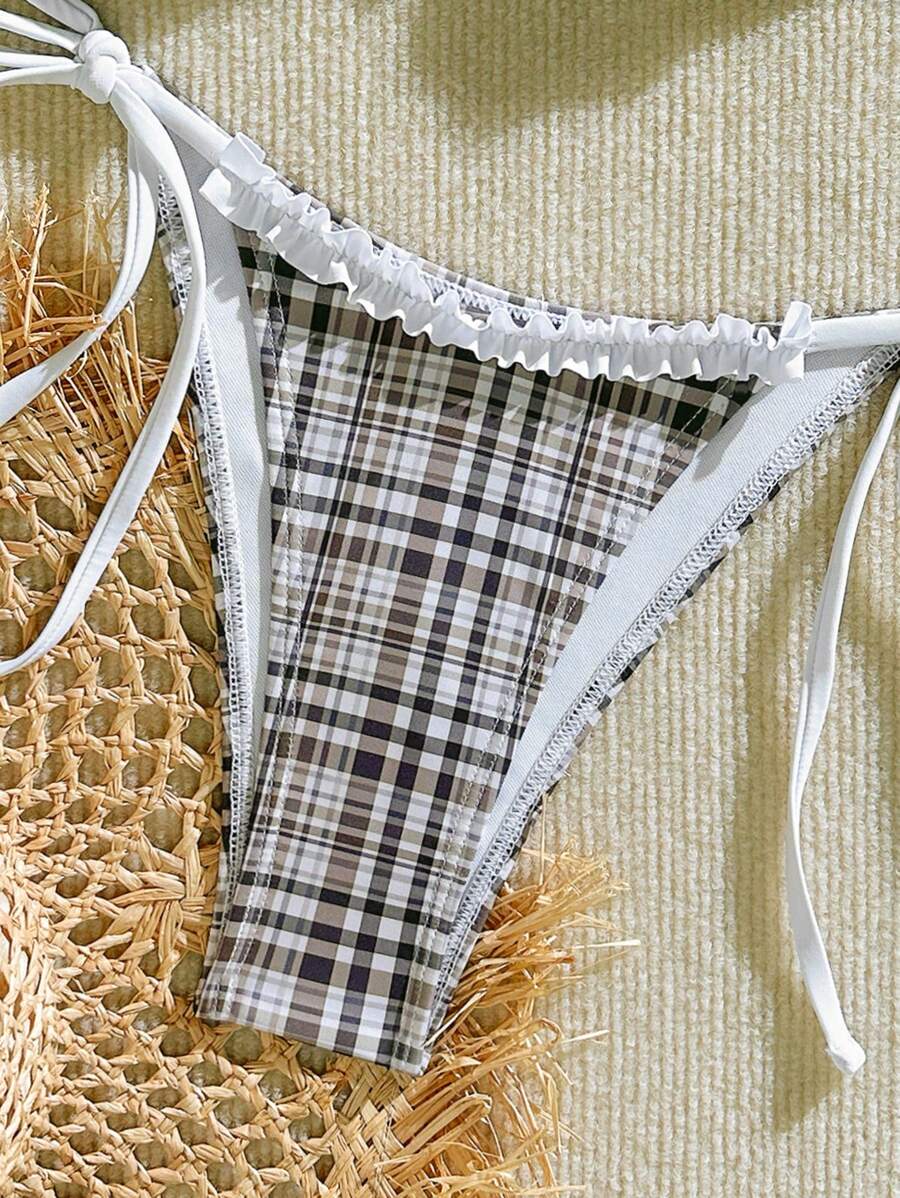 2 Pieces Women Sexy Spaghetti Strap Plaid Micro Triangle Swimsuit Top And Tie Side Ruffle Trim ...