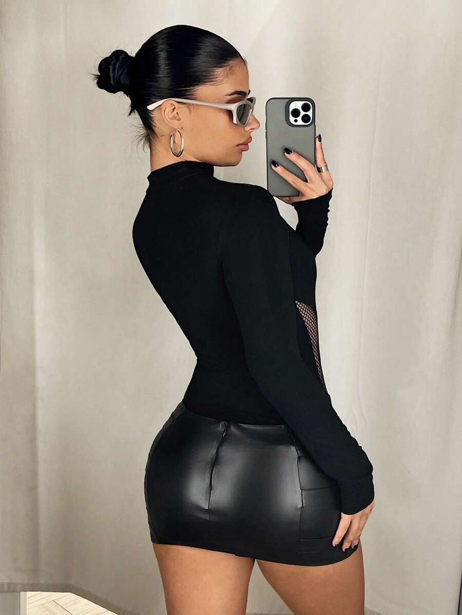 SHEIN ICON Bodysuit With Fishnet Panel Long Sleeve For Women, Tight ...