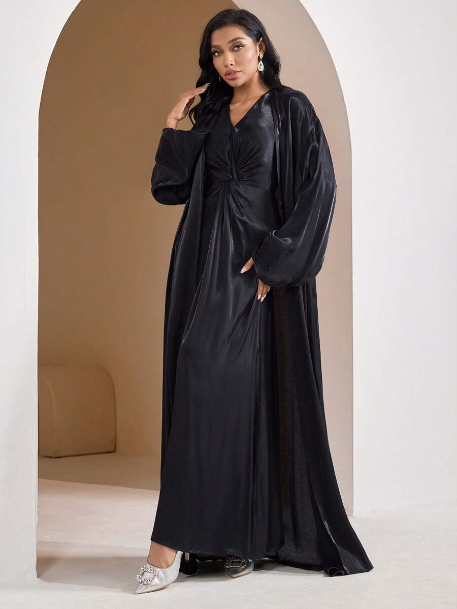 Veilorie Women Solid Color Long Sleeve Robe And Twist Waist Robe Arabic ...