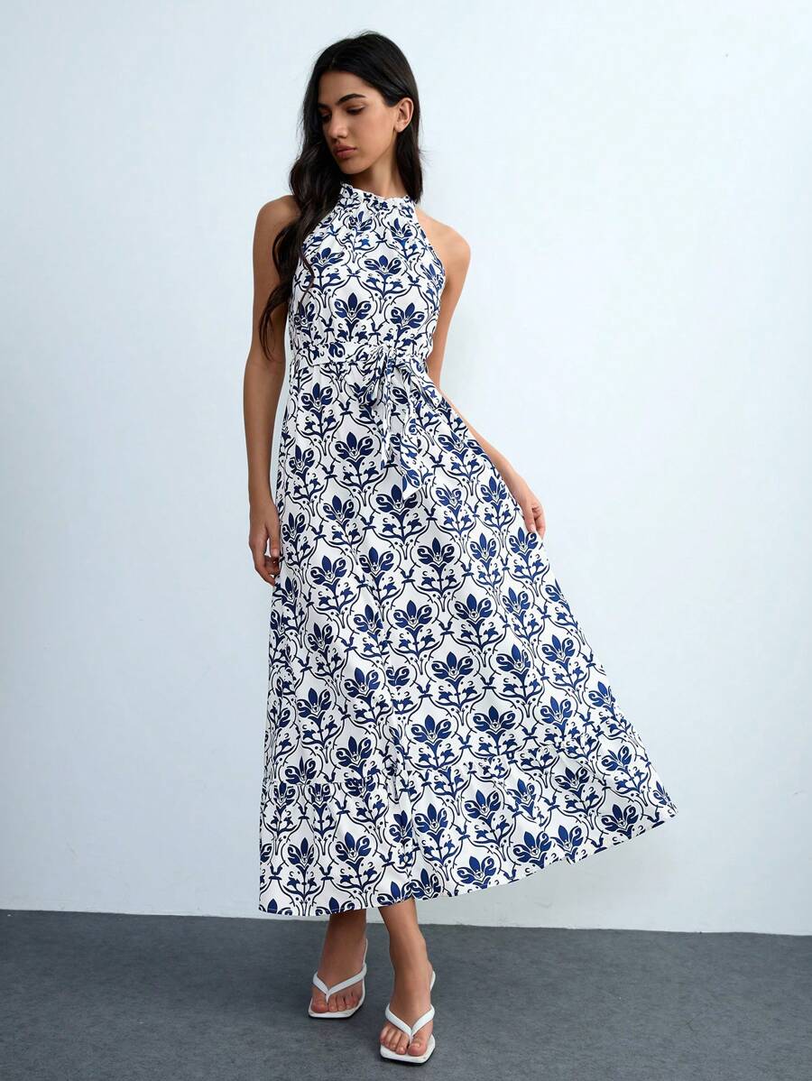 Lumivelle Tropical Floral Backless Halter Neck Flowy Dress With Ruffle ...