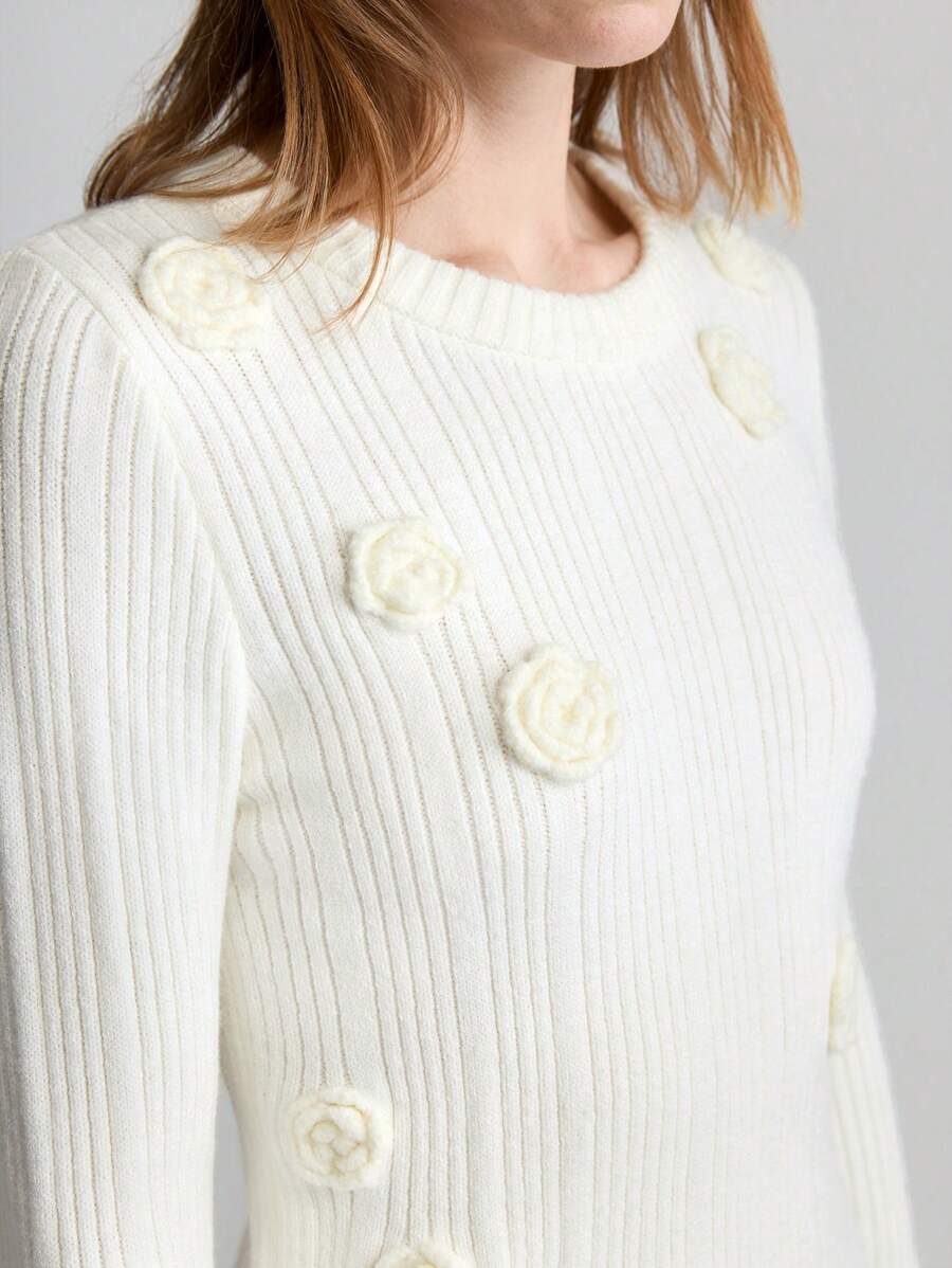 Ontre Women's 90s Retro Floral Print White Elegant Raised Flower Decor Fitted Elastic Rib-Knit ...