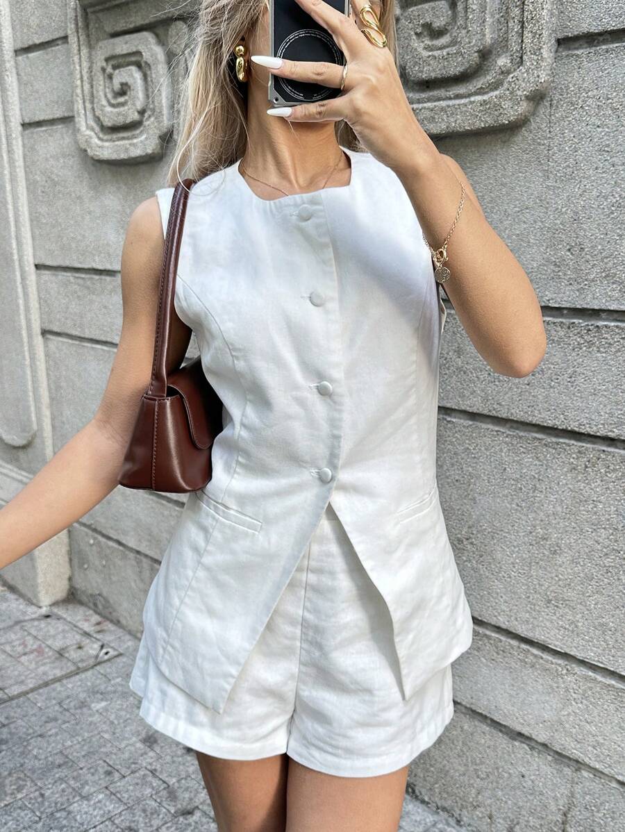 SHEIN EZwear Women's Linen Sleeveless Vest And Shorts Suit Set, White ...