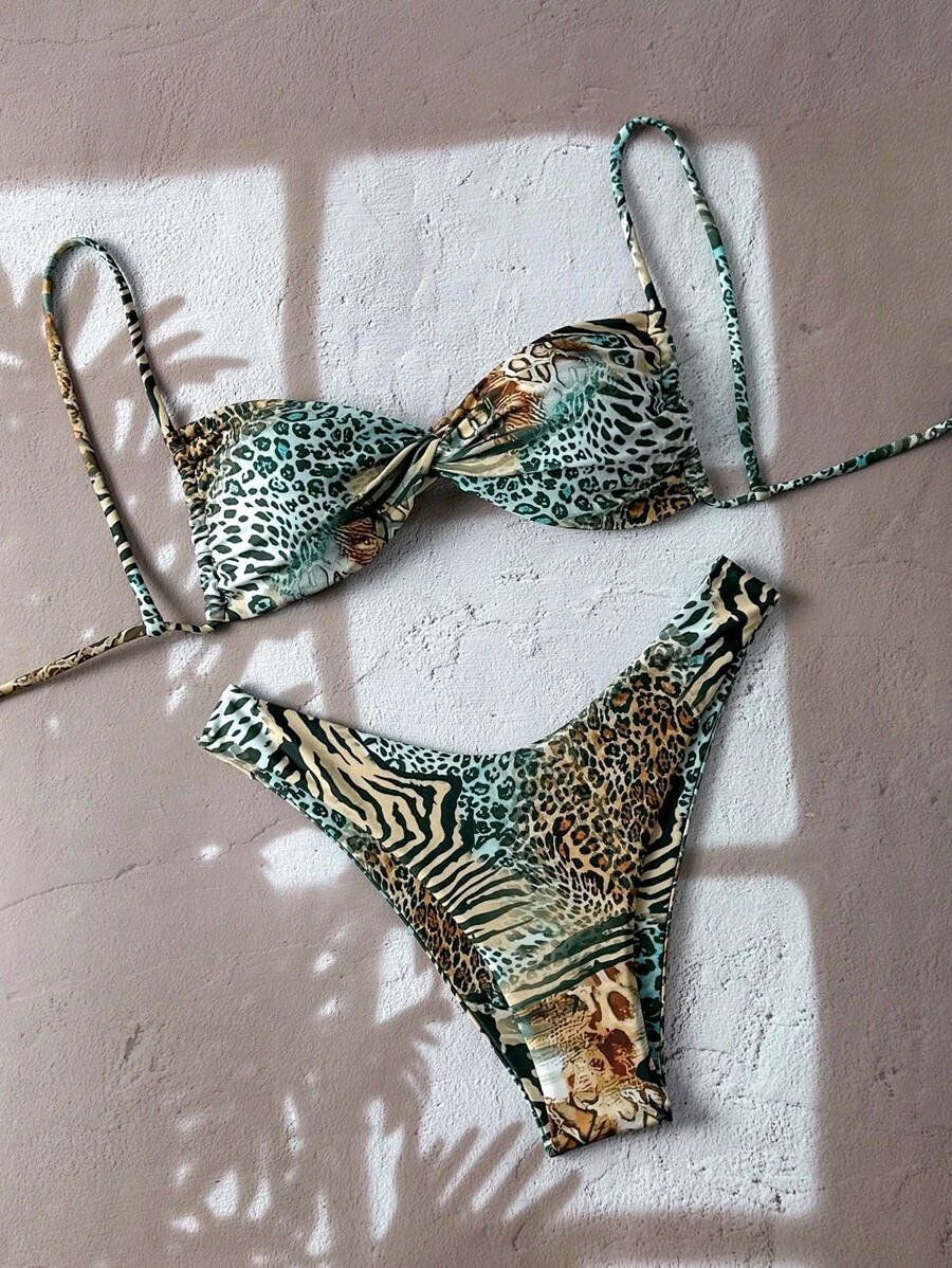 Swim Vcay Women Swimsuit Set, Random Animal Print Patchwork Halter ...