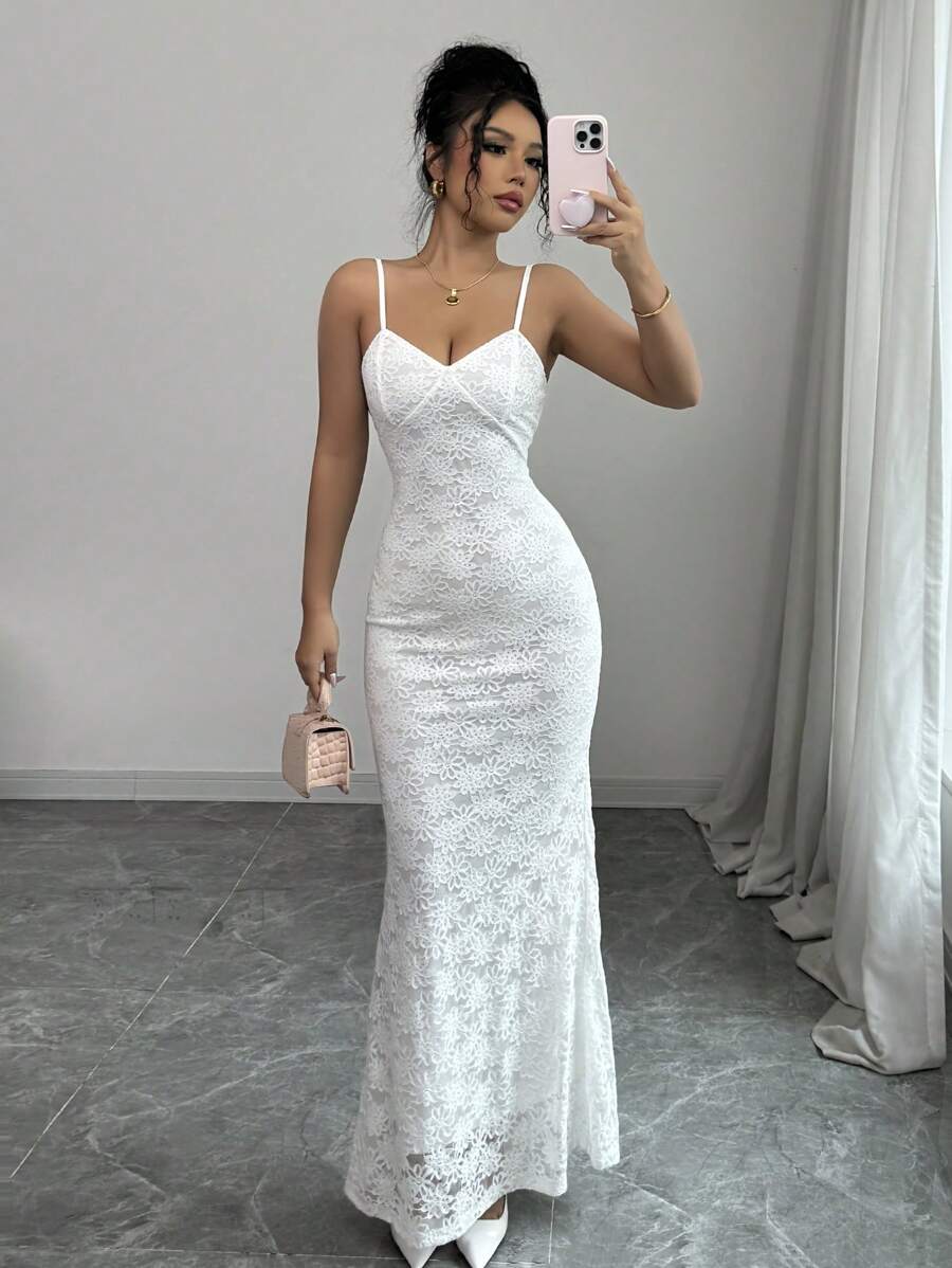 Elenzga White Spaghetti Strap Maxi Bodycon Fish Tail Hem Dress | SHEIN USA