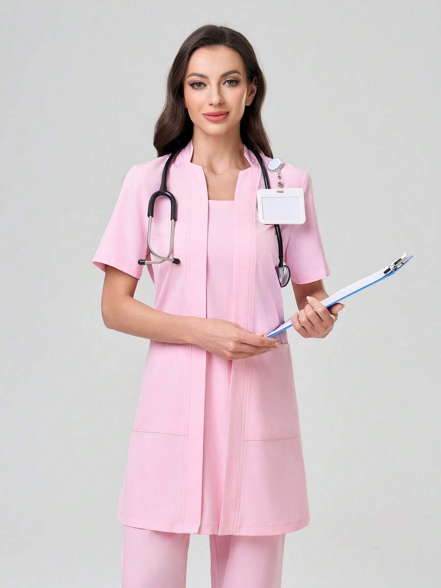 SHEIN TaskFit Solid Color Short Sleeve & Long Pants Nurse/ Uniform Suit ...