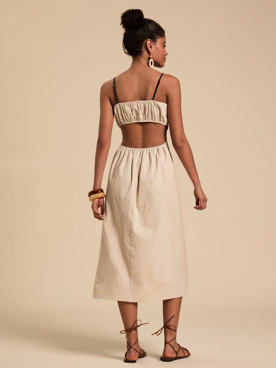 Travachic Vestido Slip Midi Casual com Recorte na Cintura e Bordado Frontal para Mulheres ...