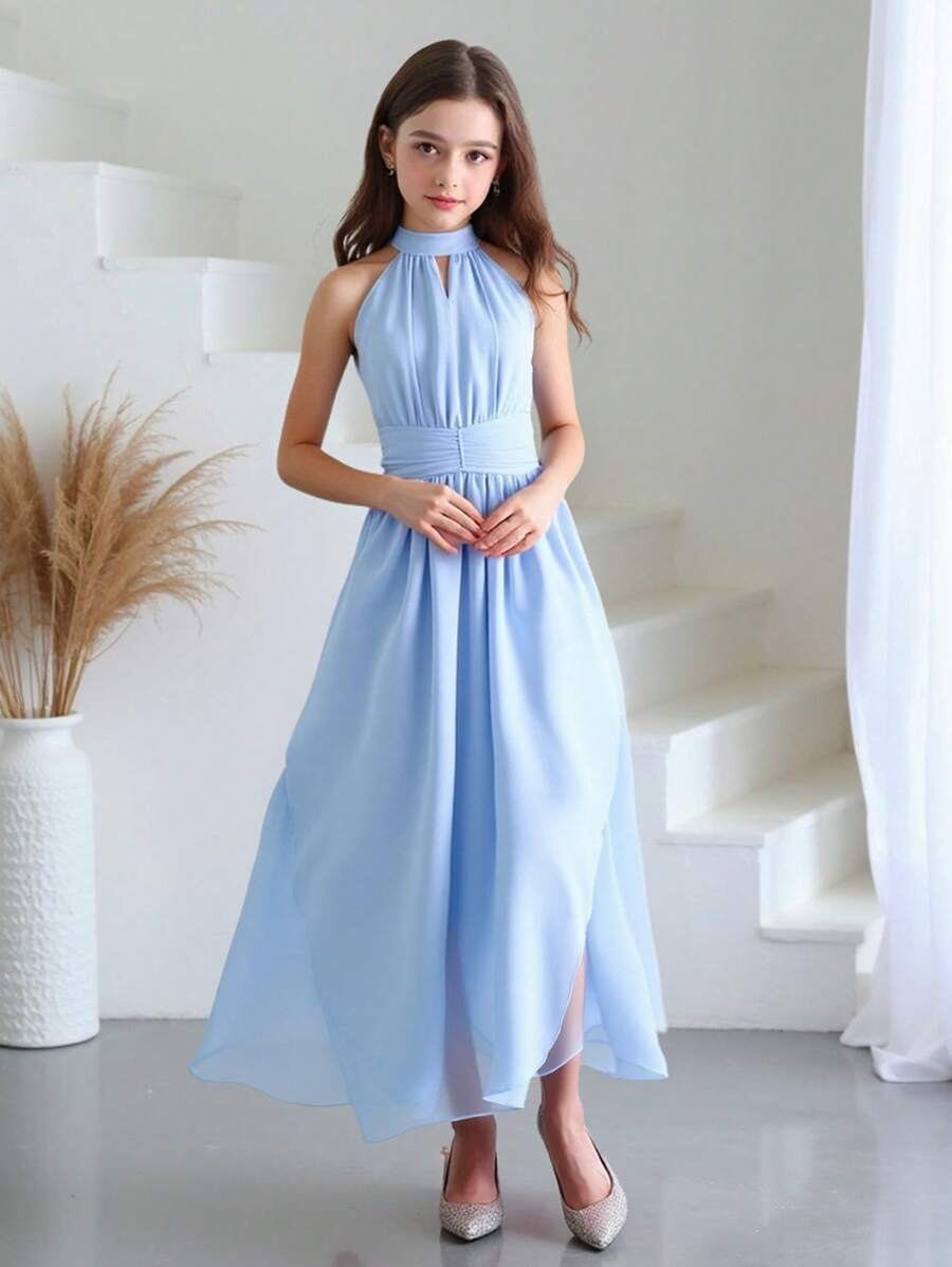 Tween Girl Pale Blue Halter Asymmetrical Hem Casual Dress, Suitable For ...